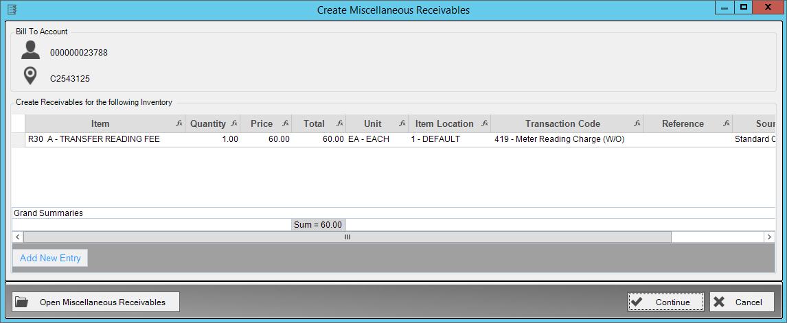 Work Order Entry - Create Receivables Entry
